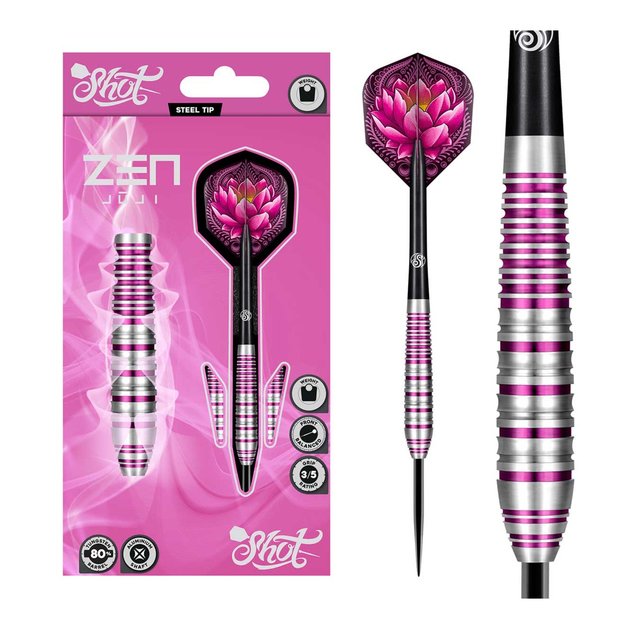 Shot Zen Juji Steel Tip Darts | 80% Tungsten Short Bomber Shape ...